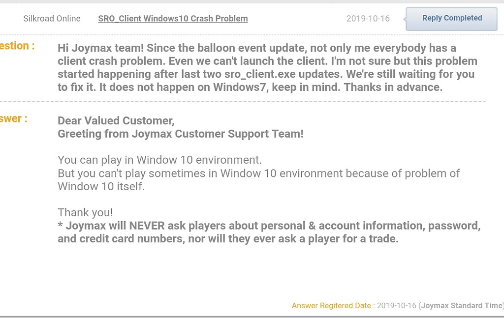 News About Client Crash Problem On Windows10 (iSRO) - Silkroad - ProjectHax