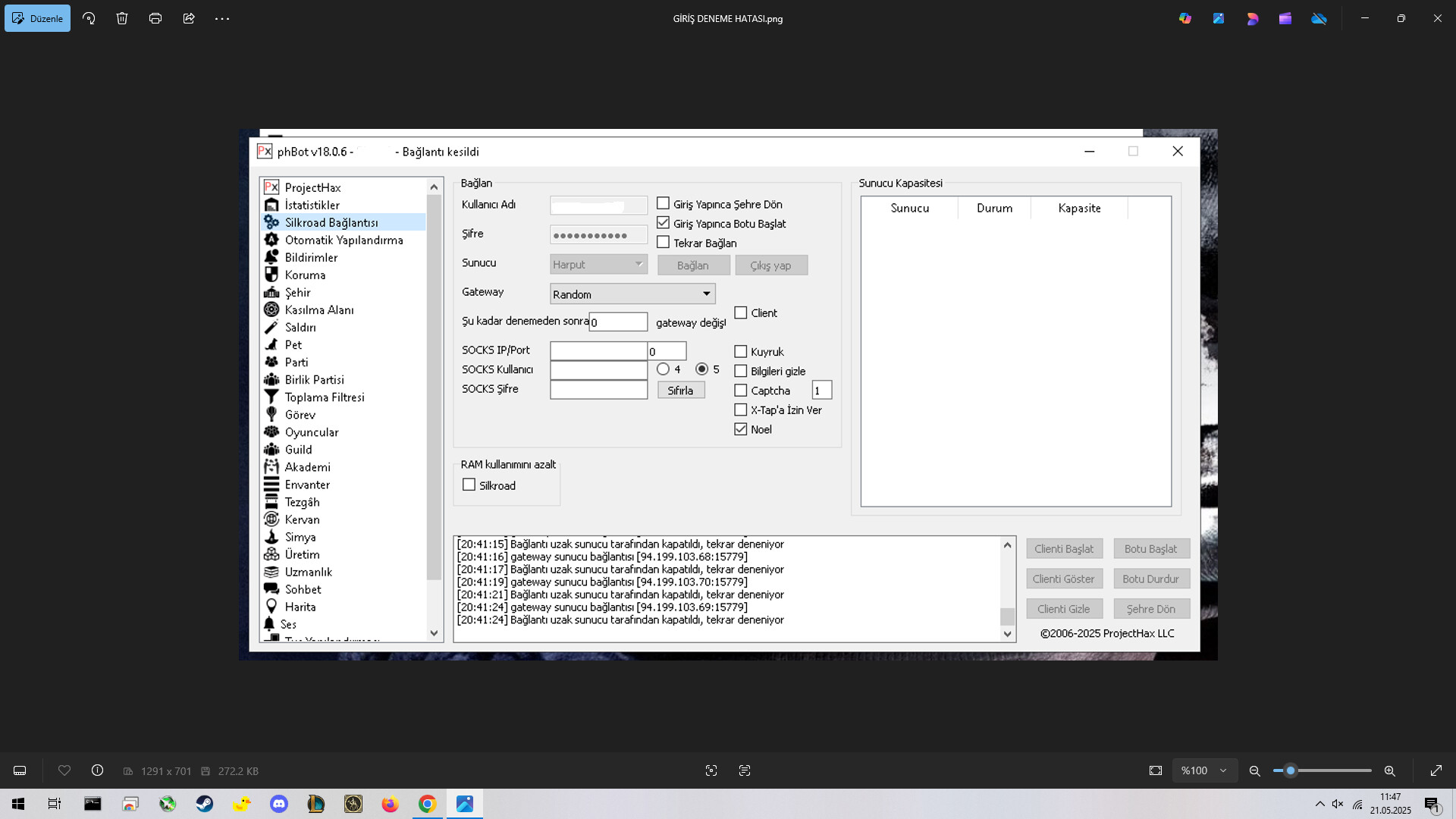 Connection closed by remote server, retrying - phBot - ProjectHax